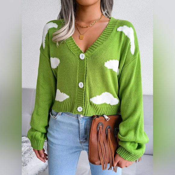 Sweaters | Cloud Cropped Knit Button Front Retro Classic Long Sleeve ...